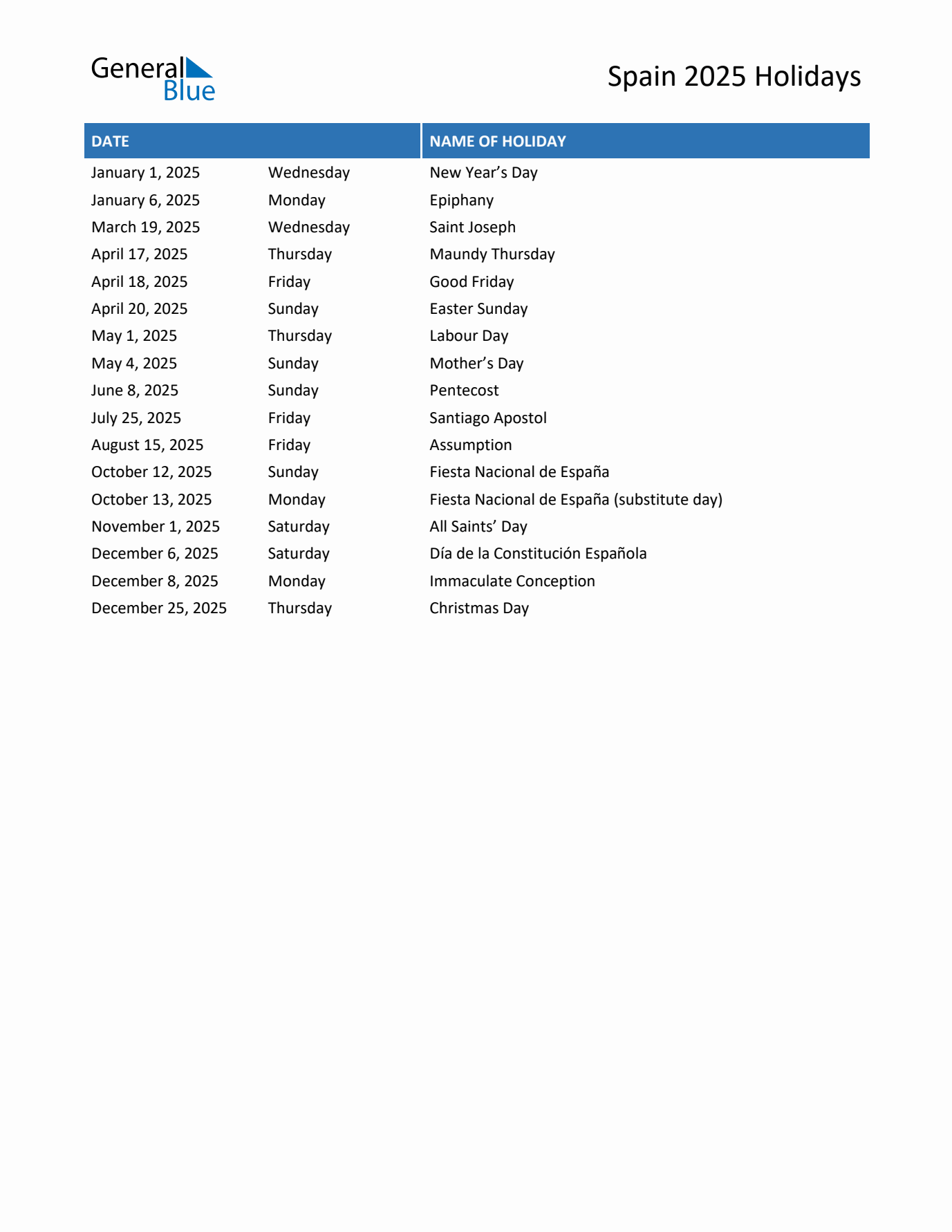 2025 Spain List of Holidays in PDF, Word, and Excel