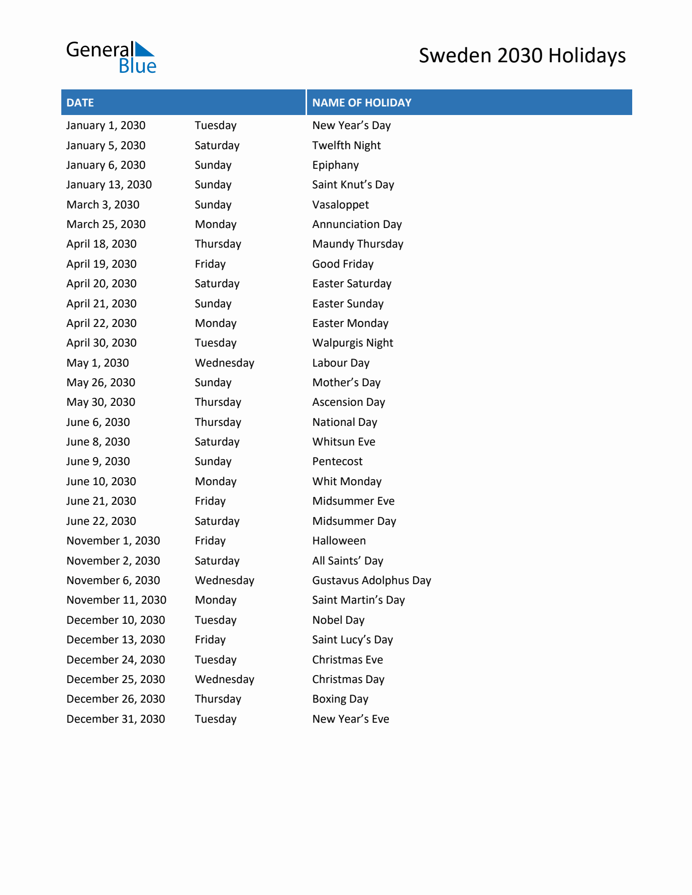2030 Sweden List of Holidays in PDF, Word, and Excel