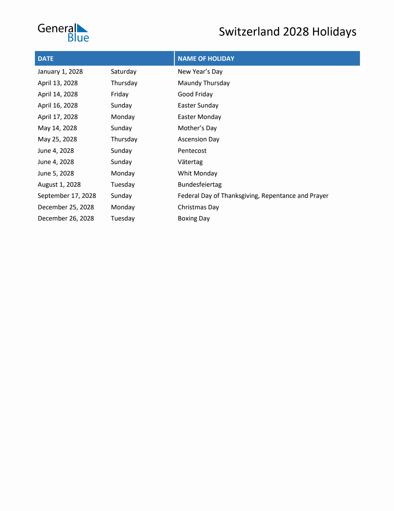 2028 Switzerland List of Holidays in PDF, Word, and Excel