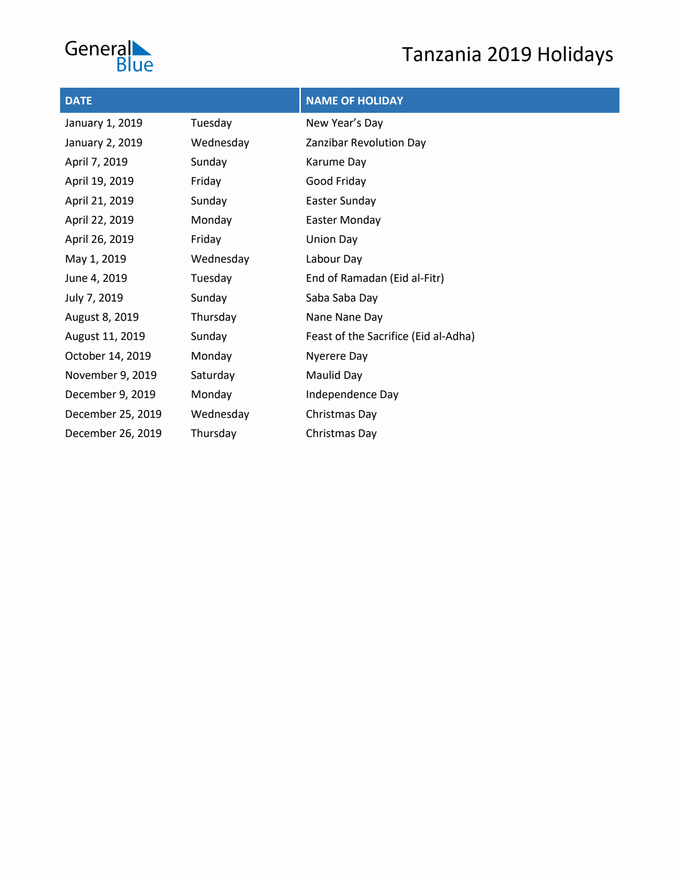 2019 Tanzania List of Holidays in PDF, Word, and Excel
