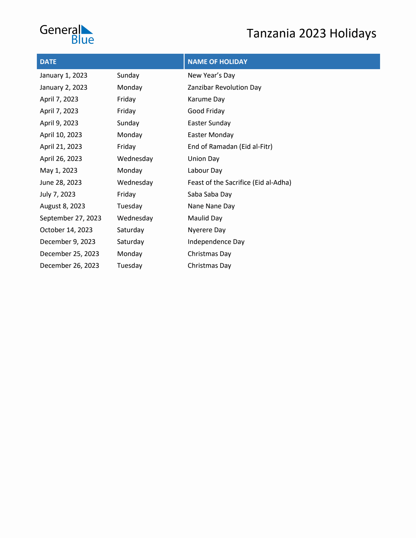2023 Tanzania List of Holidays in PDF, Word, and Excel