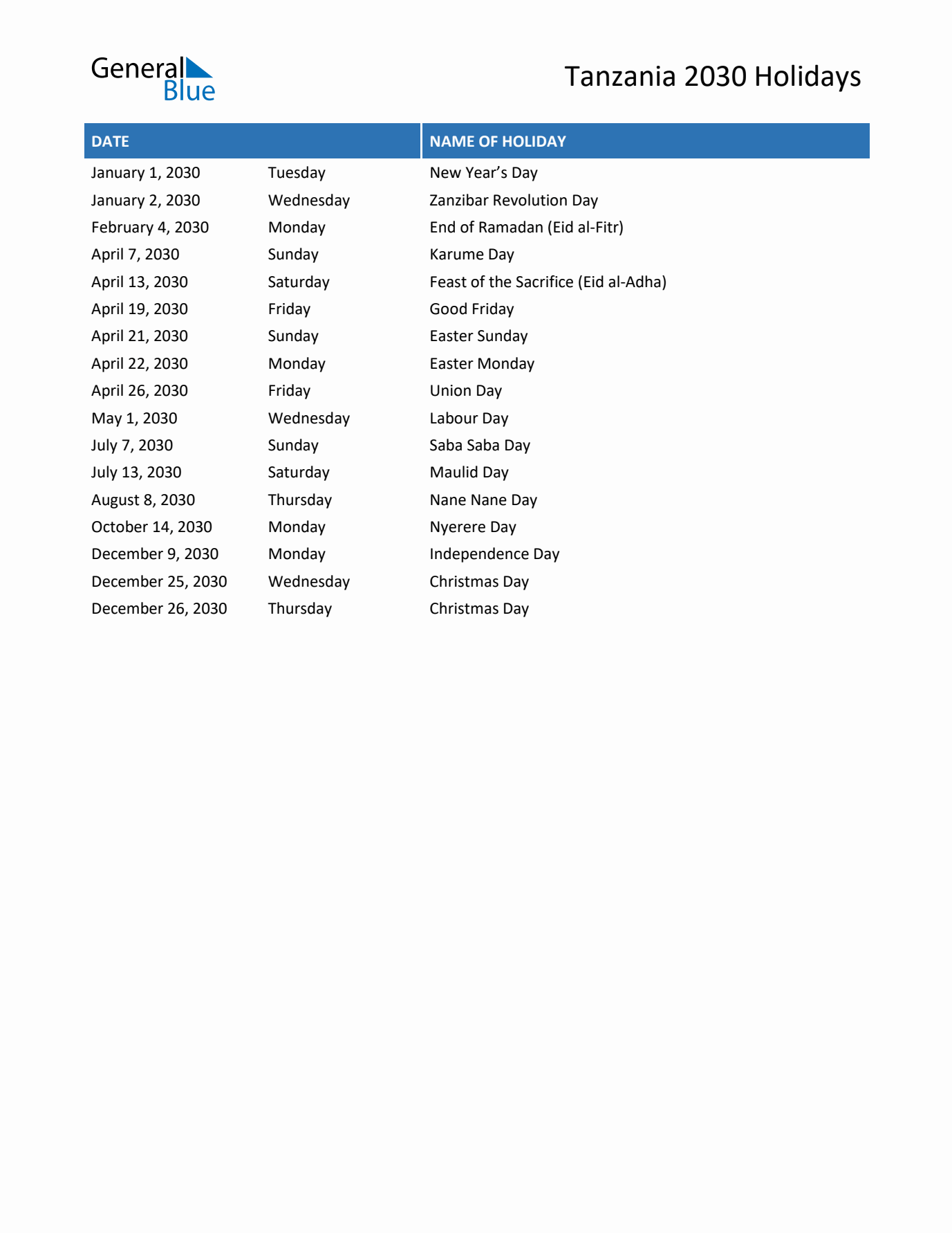 2030 Tanzania List of Holidays in PDF, Word, and Excel