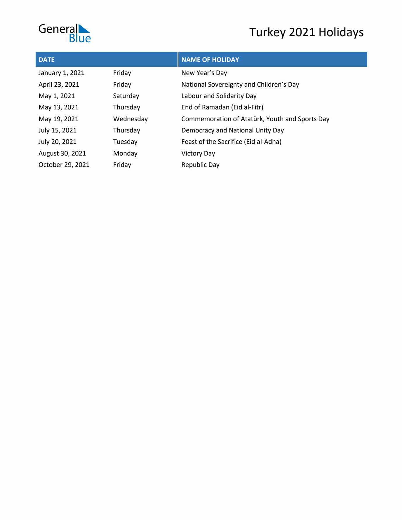 2021 Turkey List of Holidays in PDF, Word, and Excel