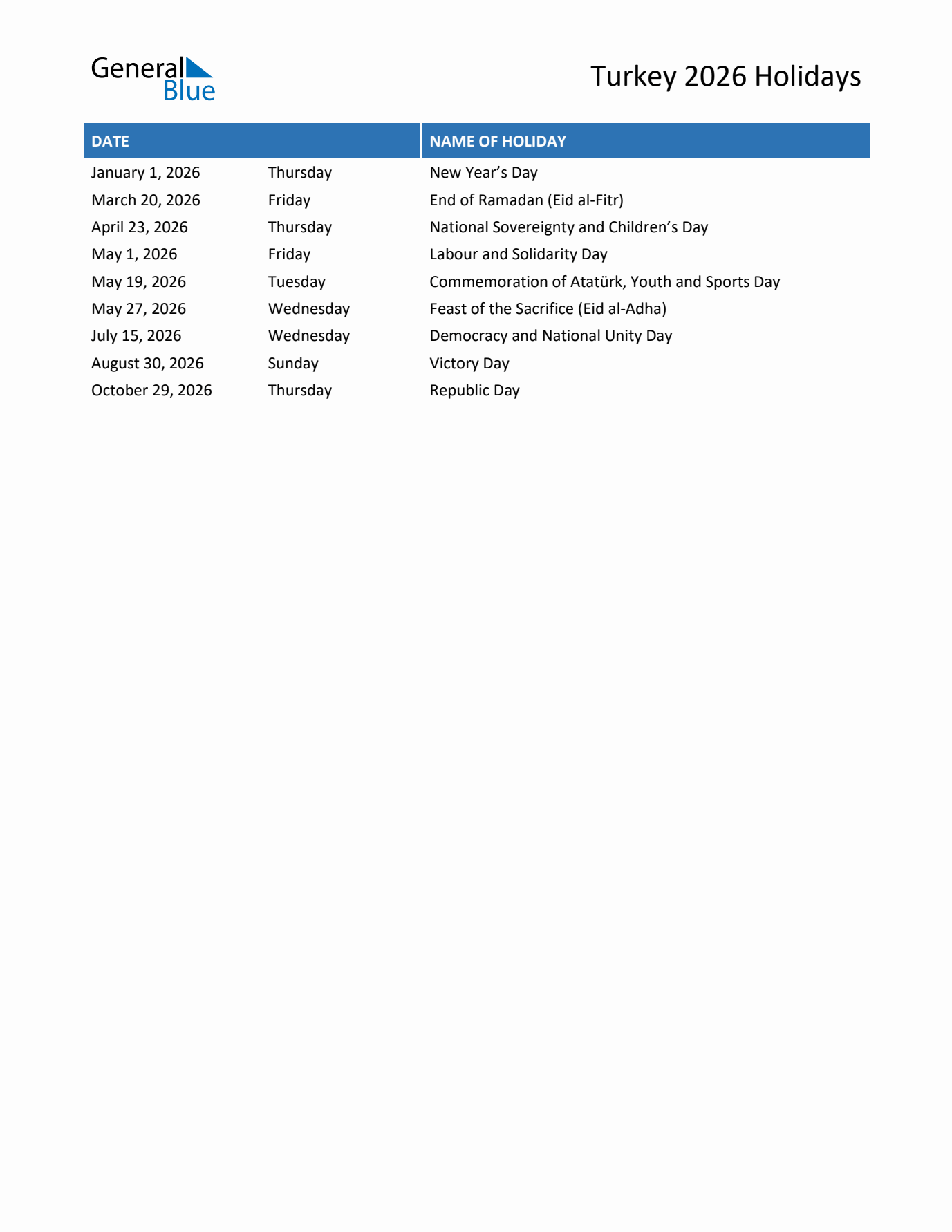 2026 Turkey List of Holidays in PDF, Word, and Excel