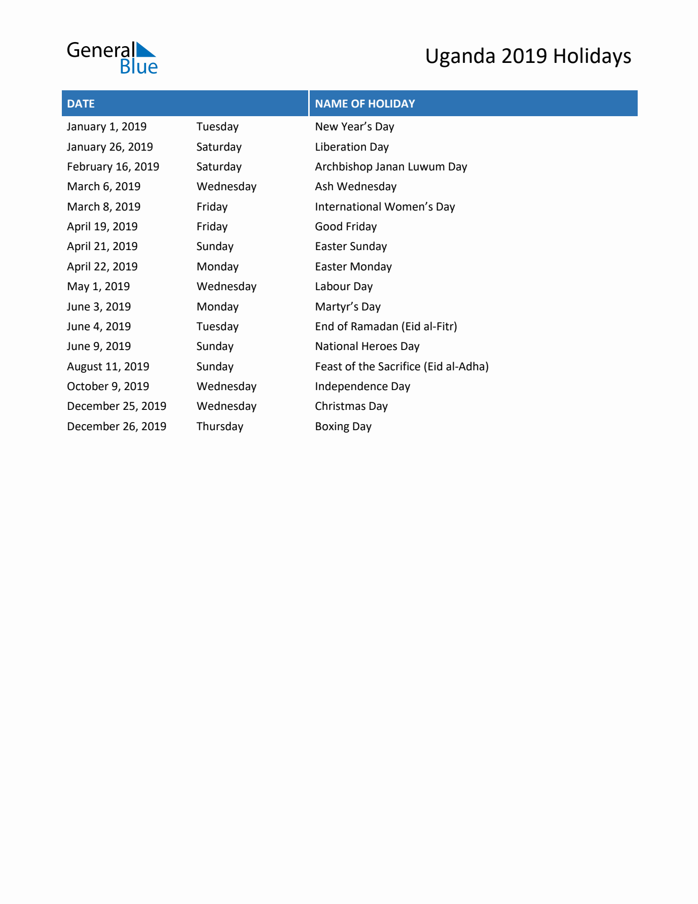 2019 Uganda List of Holidays in PDF, Word, and Excel