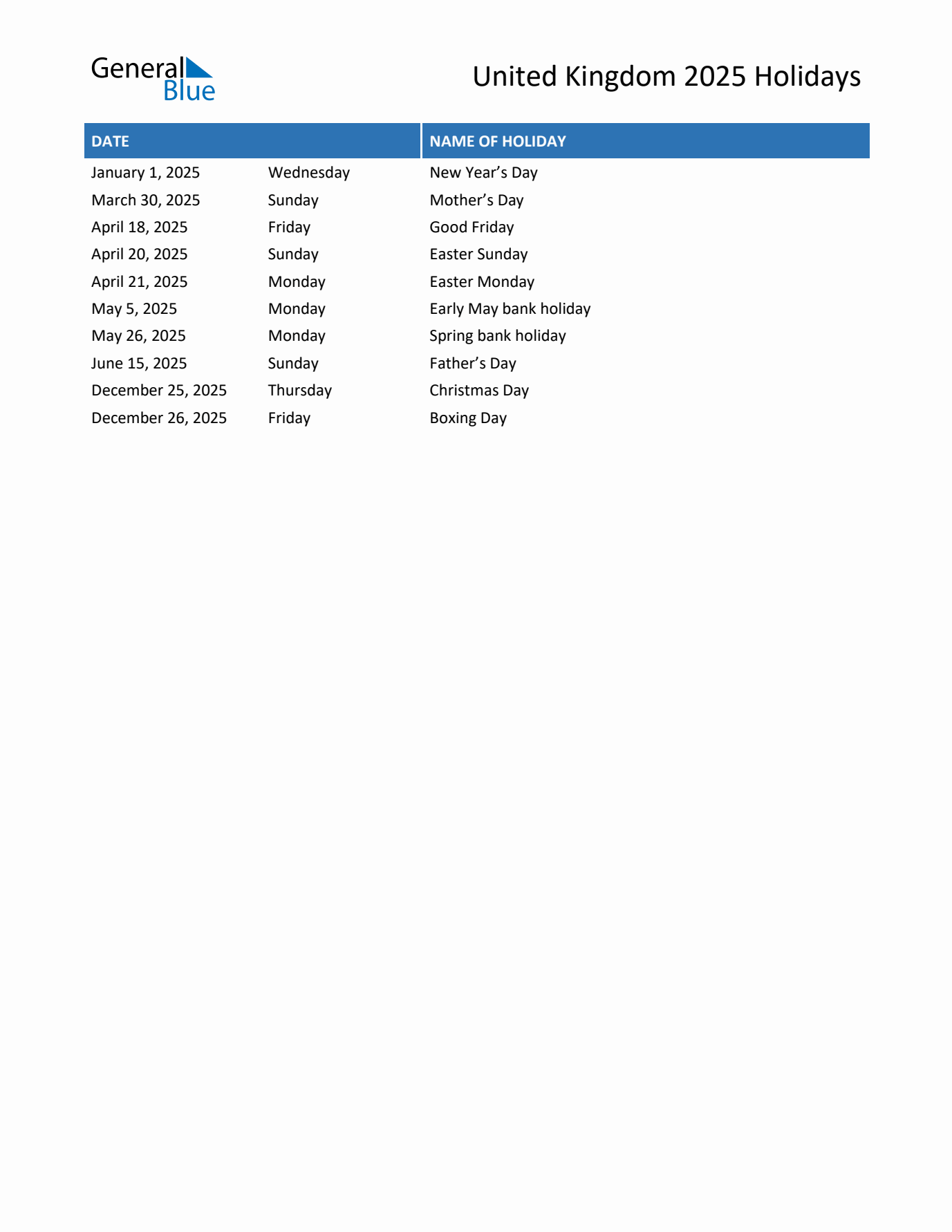 2025 United Kingdom List of Holidays in PDF, Word, and Excel