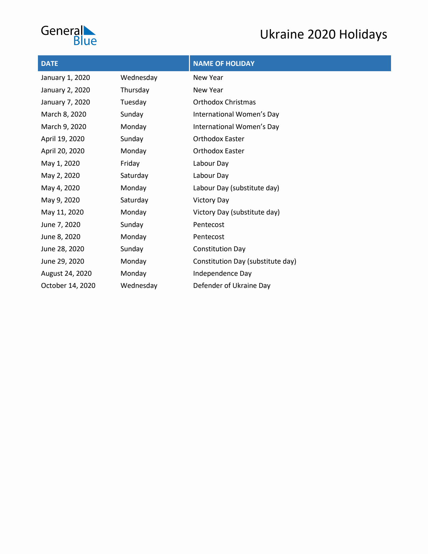 2020 Ukraine List of Holidays in PDF, Word, and Excel