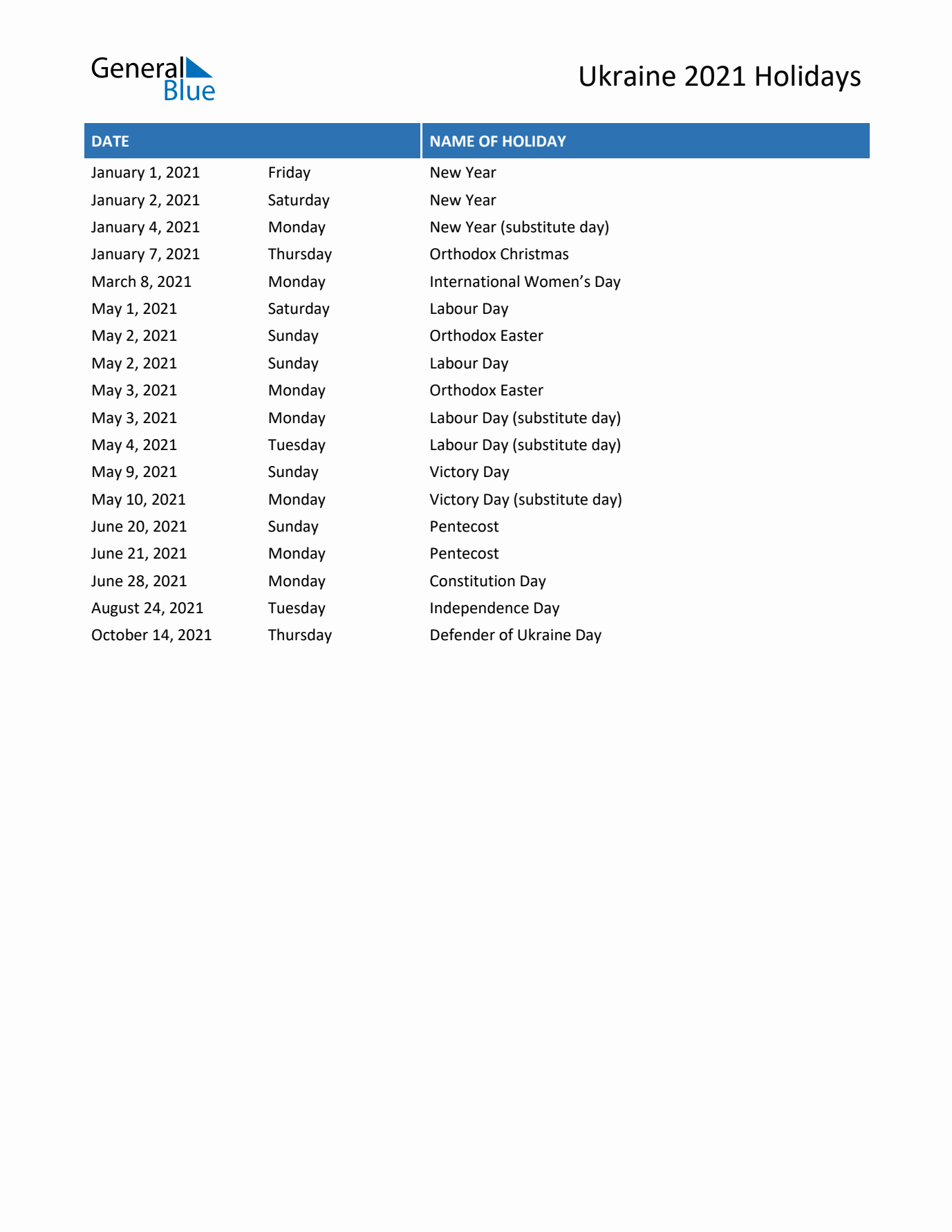 2021 Ukraine List of Holidays in PDF, Word, and Excel
