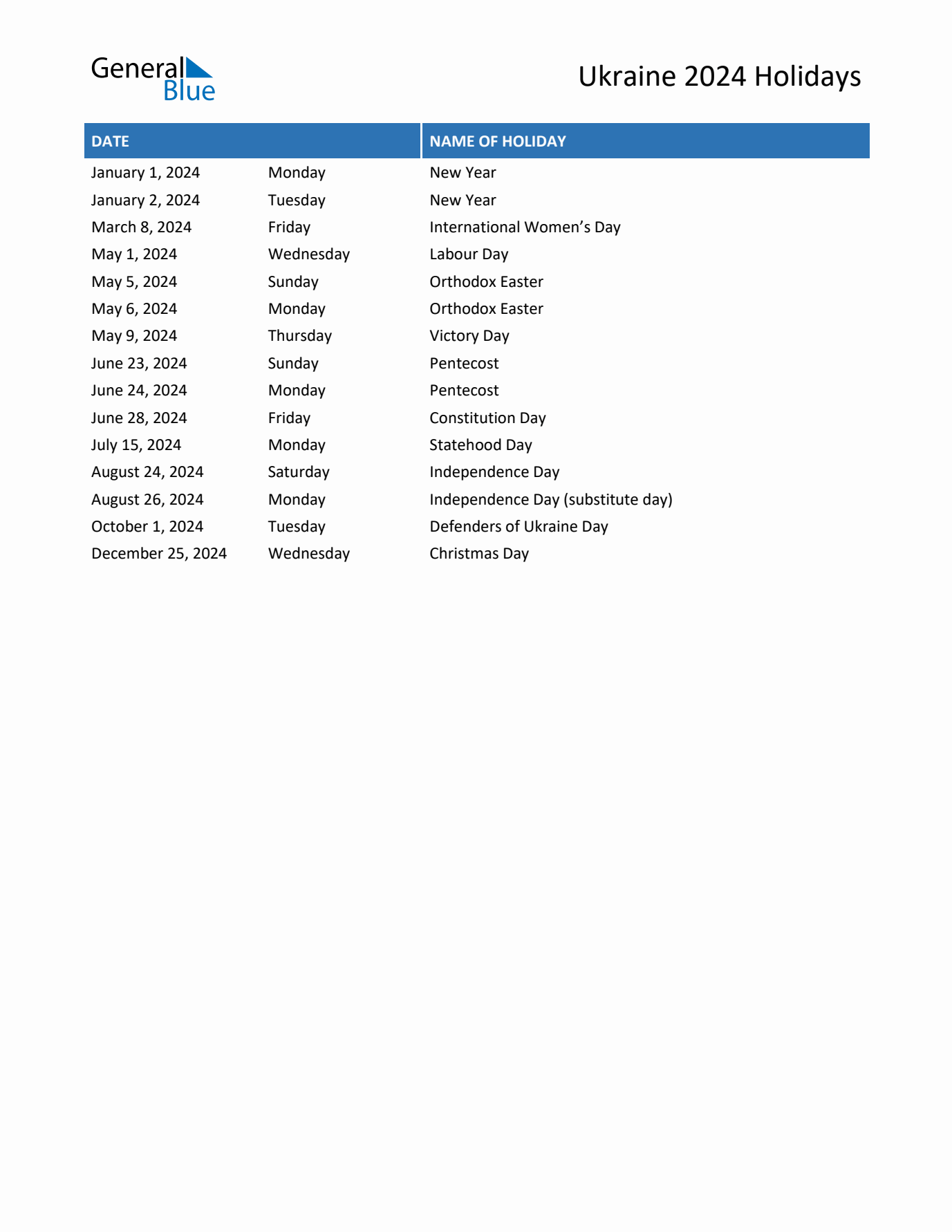 2024 Ukraine List of Holidays in PDF, Word, and Excel