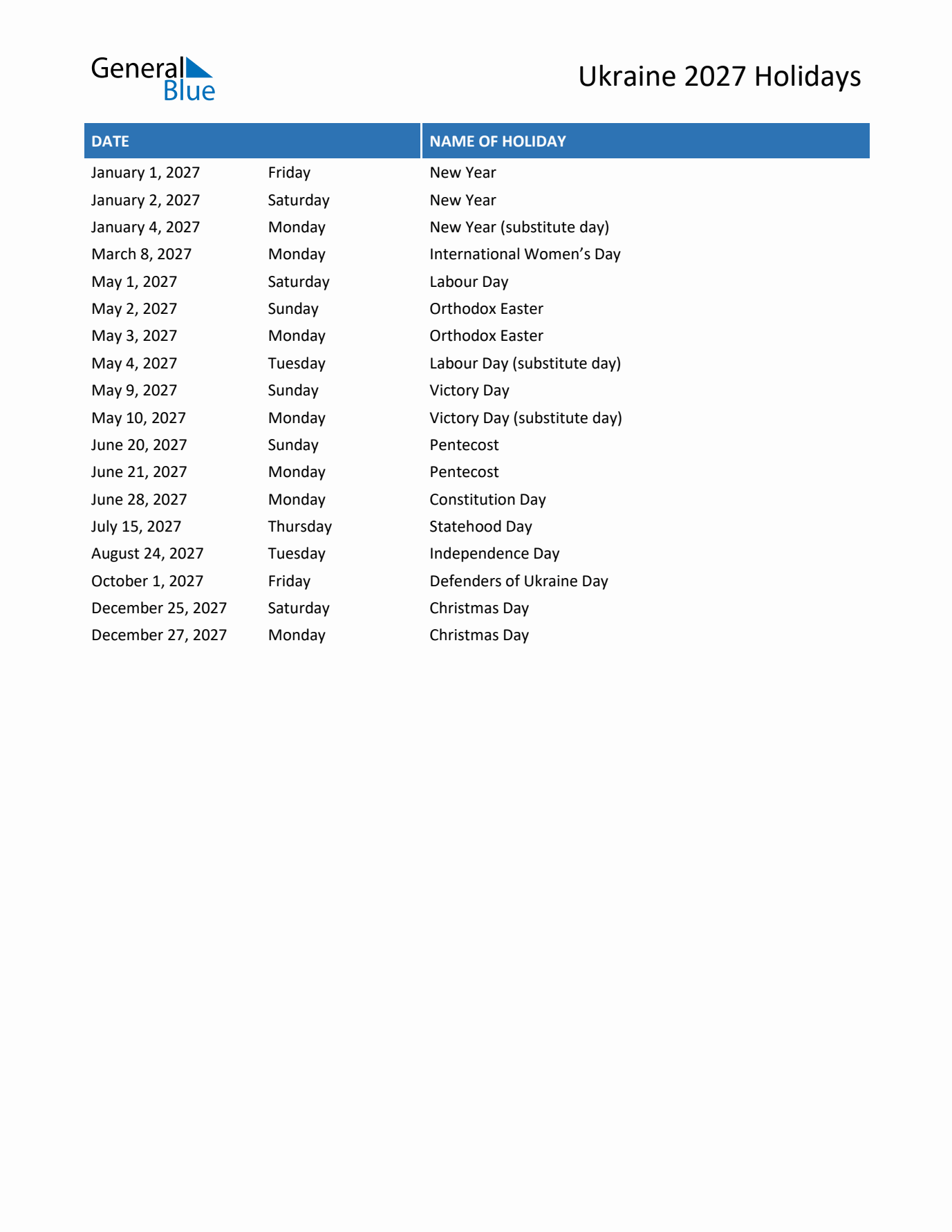 2027 Ukraine List of Holidays in PDF, Word, and Excel