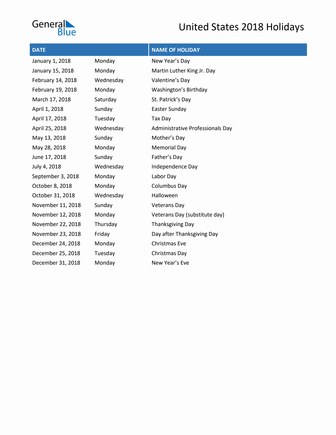 2018 United States List of Holidays in PDF, Word, and Excel