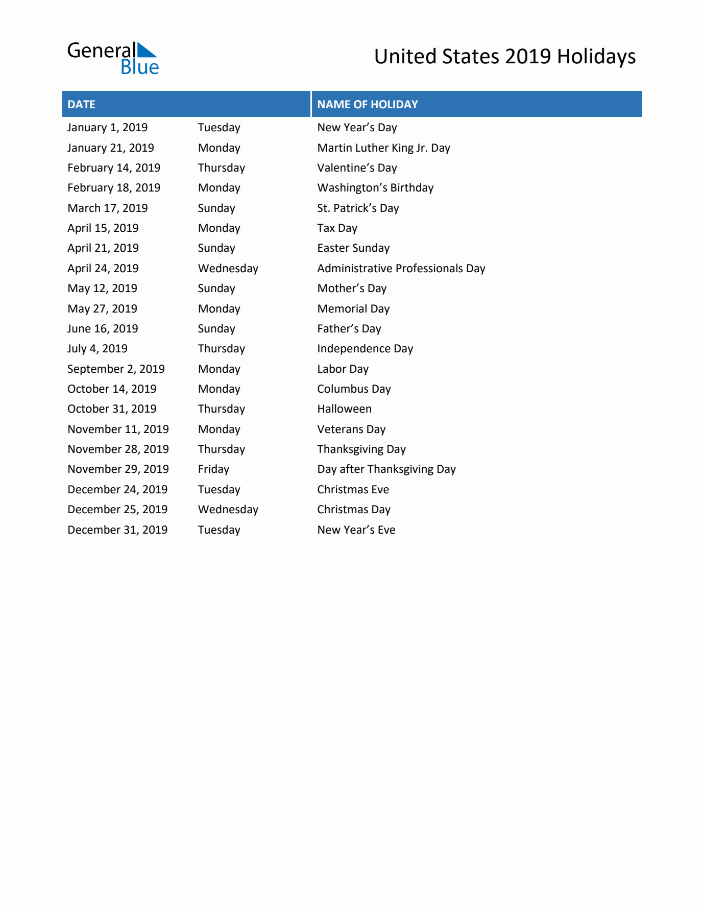 2019 United States List of Holidays in PDF, Word, and Excel