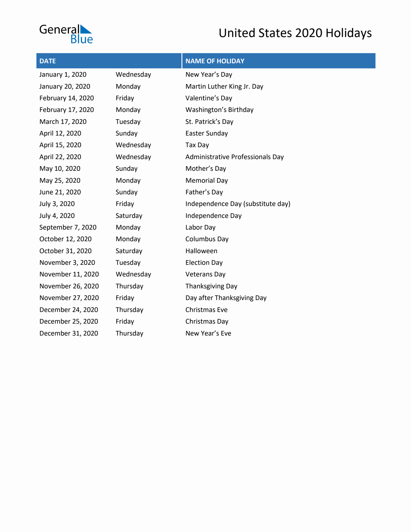 2020 United States List of Holidays in PDF, Word, and Excel