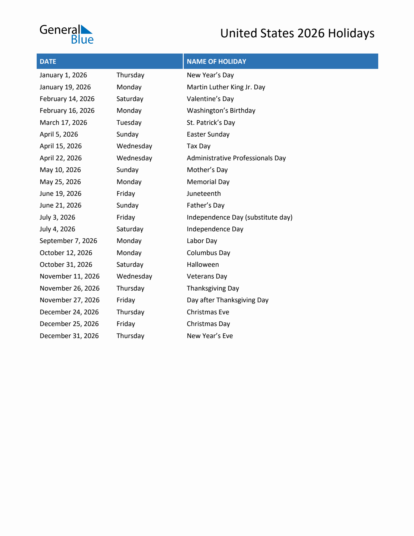 2026 United States List Of Holidays In PDF Word And Excel 2026 United States List Of Holidays In PDF Word And Excel