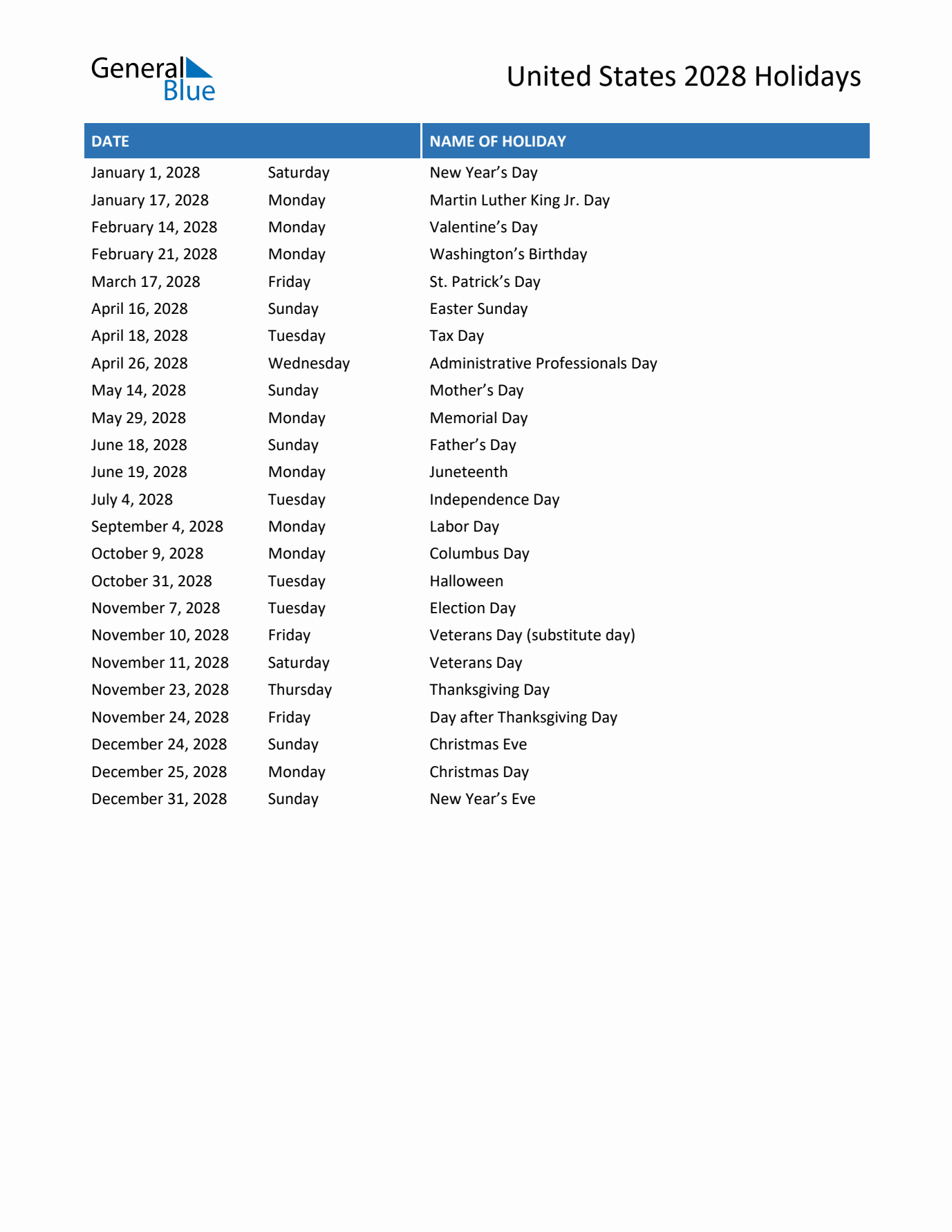 2028 United States List of Holidays in PDF, Word, and Excel