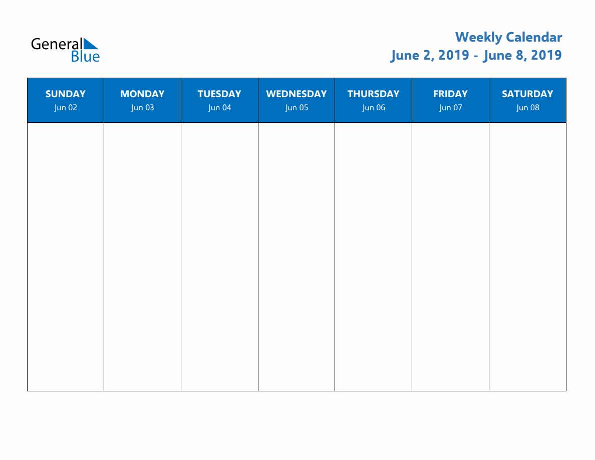 Printable Blue Weekly Calendar Template - Week 23, 2019 (Jun 2nd to Jun ...