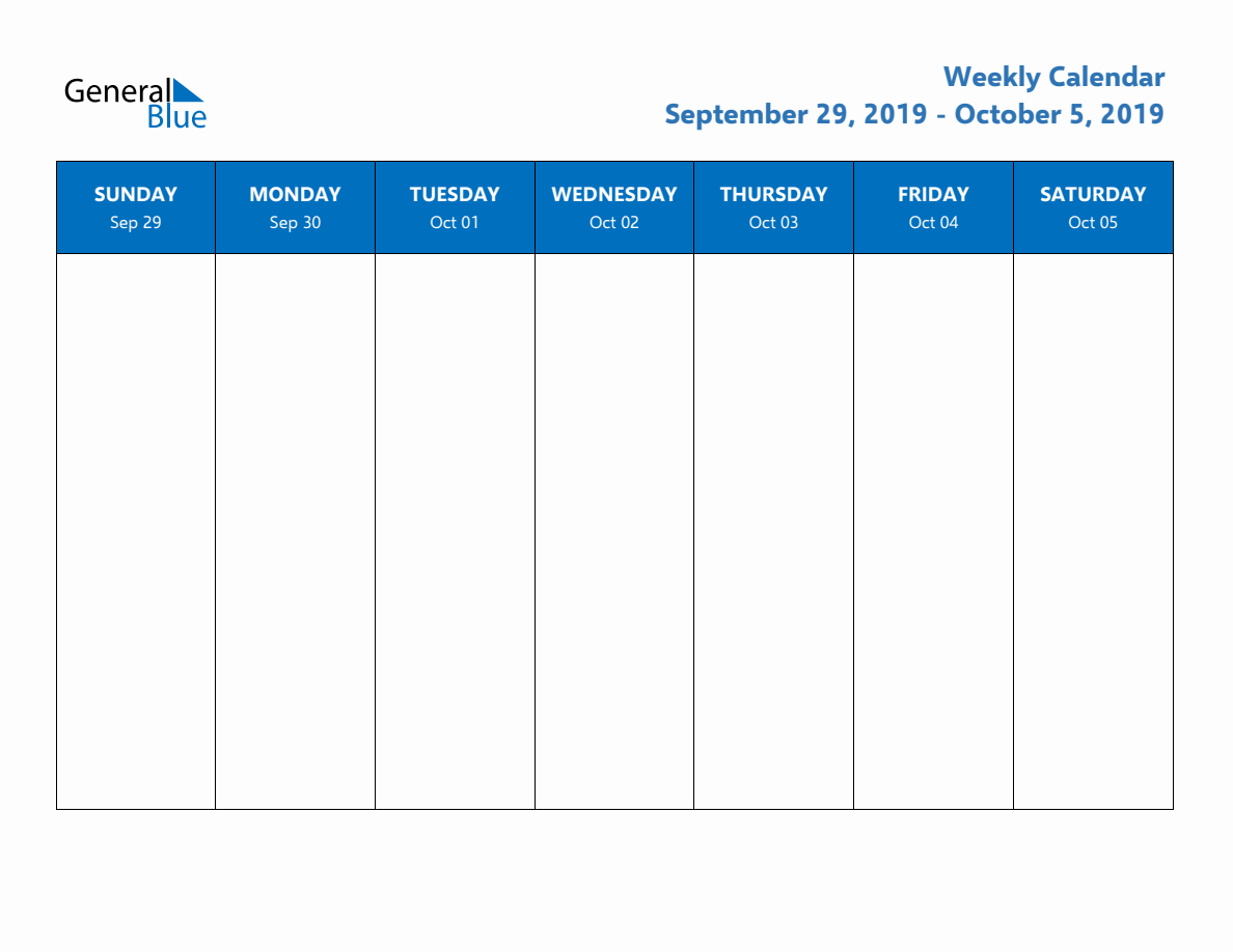 Printable Blue Weekly Calendar Template - Week 40, 2019 (Sep 29th to ...