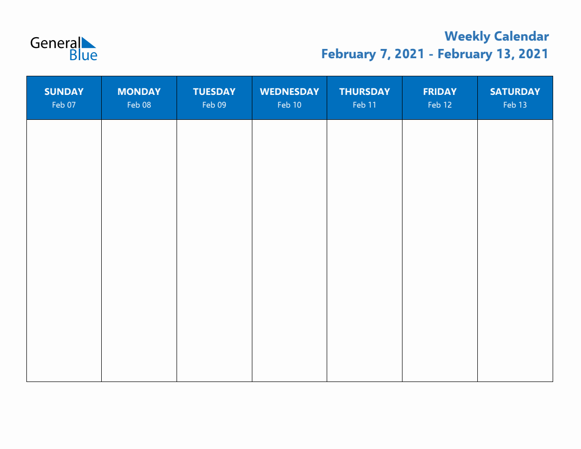 Printable Blue Weekly Calendar Template - Week 7, 2021 (Feb 7th to Feb ...