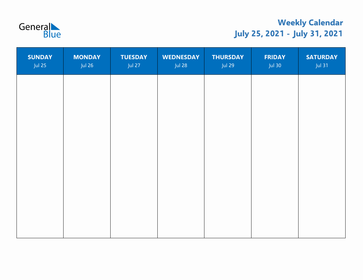 Printable Blue Weekly Calendar Template - Week 31, 2021 (Jul 25th to ...