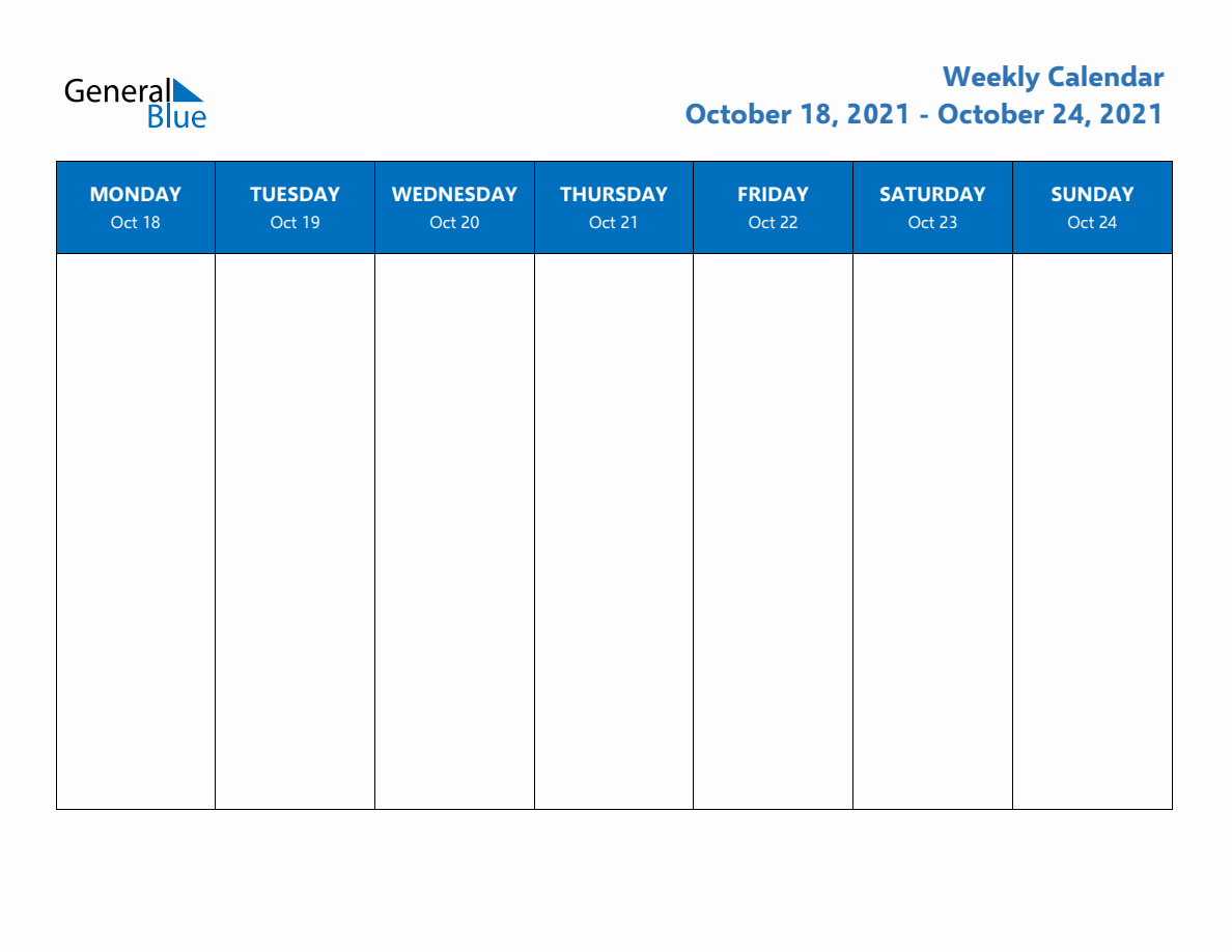 Printable Blue Weekly Calendar Template - Week 42, 2021 (Oct 18th to ...