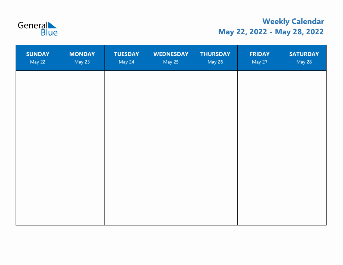 Printable Blue Weekly Calendar Template - Week 22, 2022 (May 22nd to ...