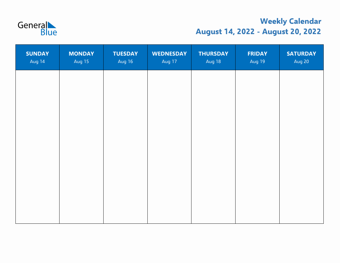 Printable Blue Weekly Calendar Template - Week 34, 2022 (Aug 14th to ...