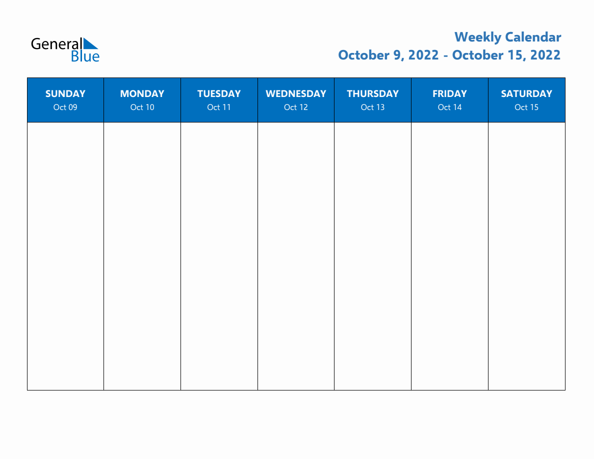 Printable Blue Weekly Calendar Template - Week 42, 2022 (Oct 9th to Oct ...