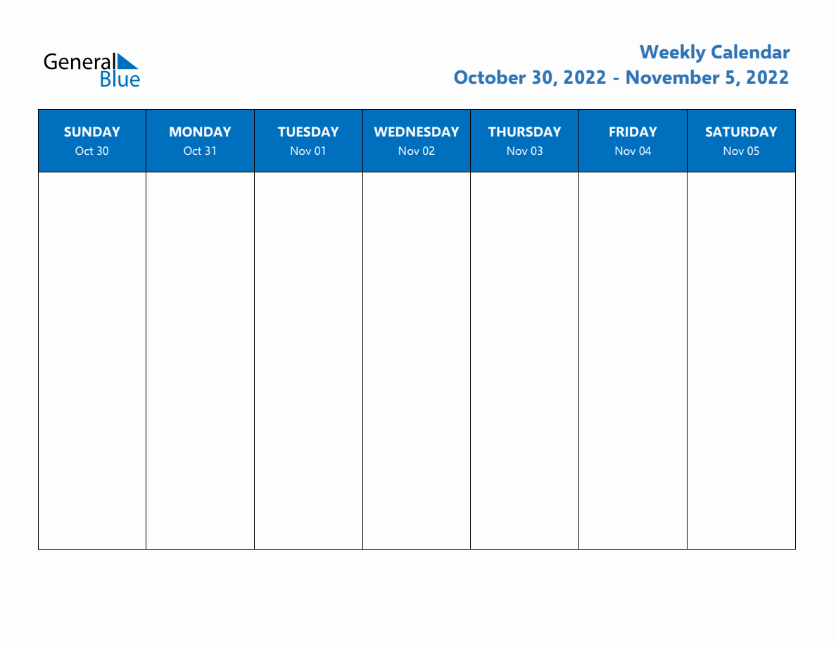 Printable Blue Weekly Calendar Template - Week 45, 2022 (Oct 30th to ...