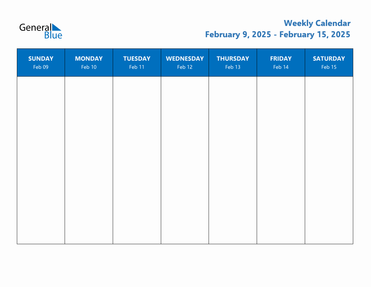 Printable Blue Weekly Calendar Template - Week 7, 2025 (Feb 9th to Feb ...