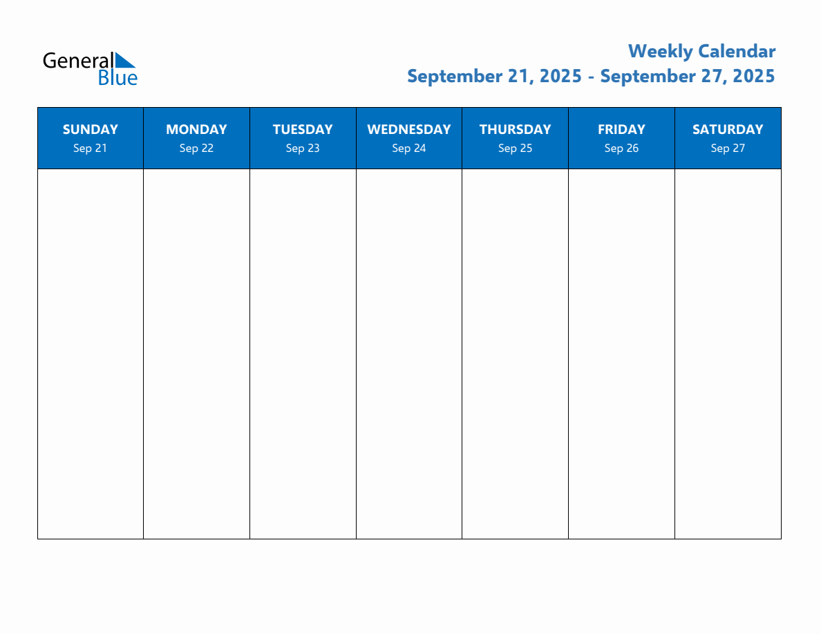 Printable Blue Weekly Calendar Template - Week 39, 2025 (Sep 21st to ...