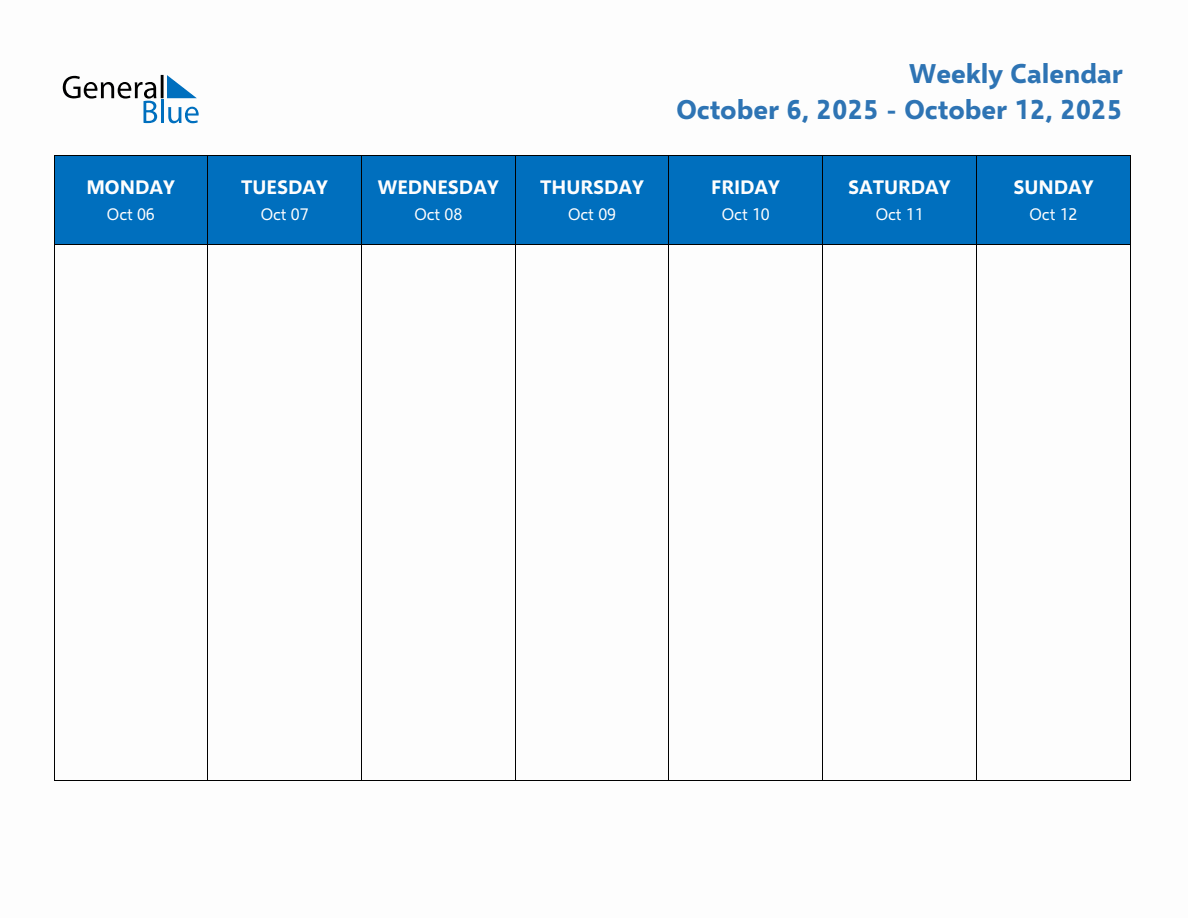 Weekly Calendar with Monday Start for Week 41 (October 6, 2025 to ...