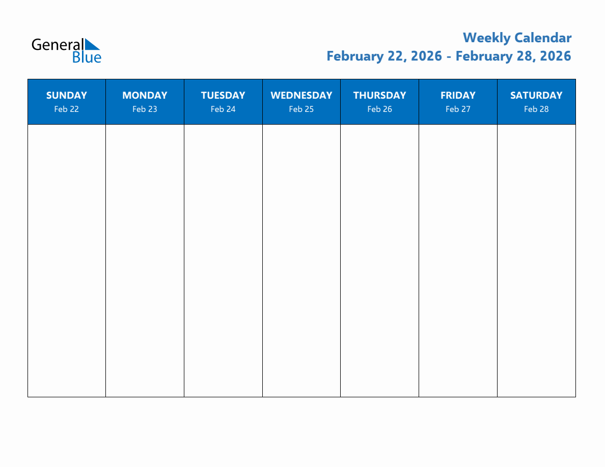 Printable Blue Weekly Calendar Template - Week 9, 2026 (Feb 22nd to Feb ...