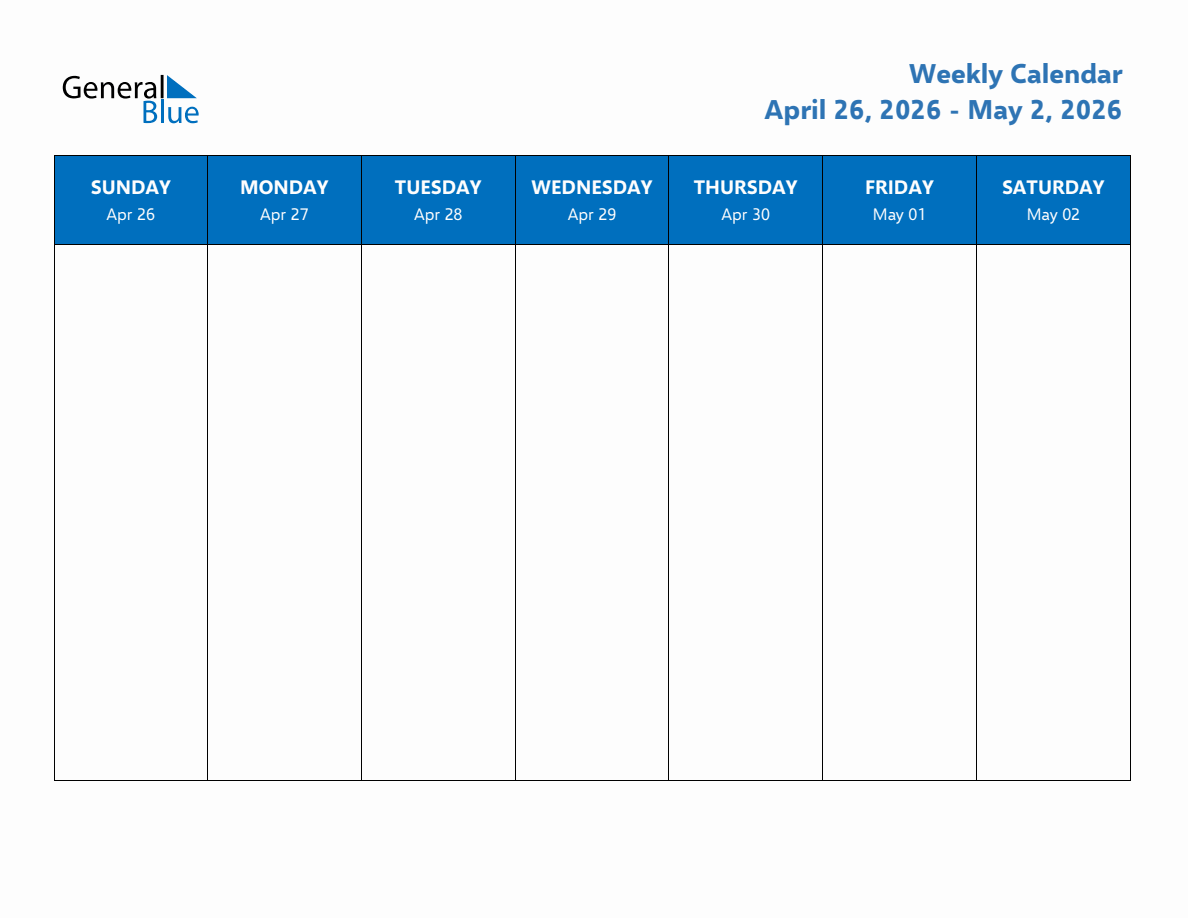 Printable Blue Weekly Calendar Template - Week 18, 2026 (Apr 26th to ...