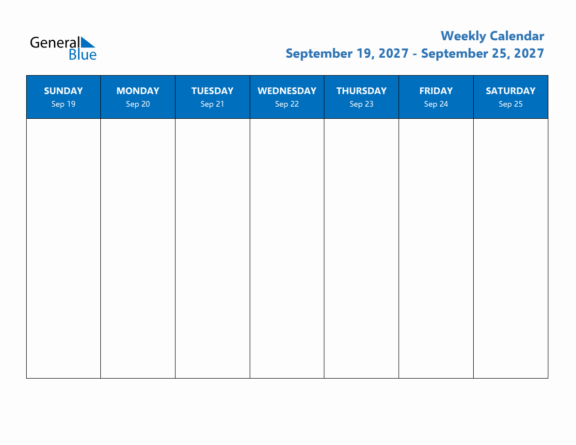 Printable Blue Weekly Calendar Template - Week 39, 2027 (Sep 19th to ...