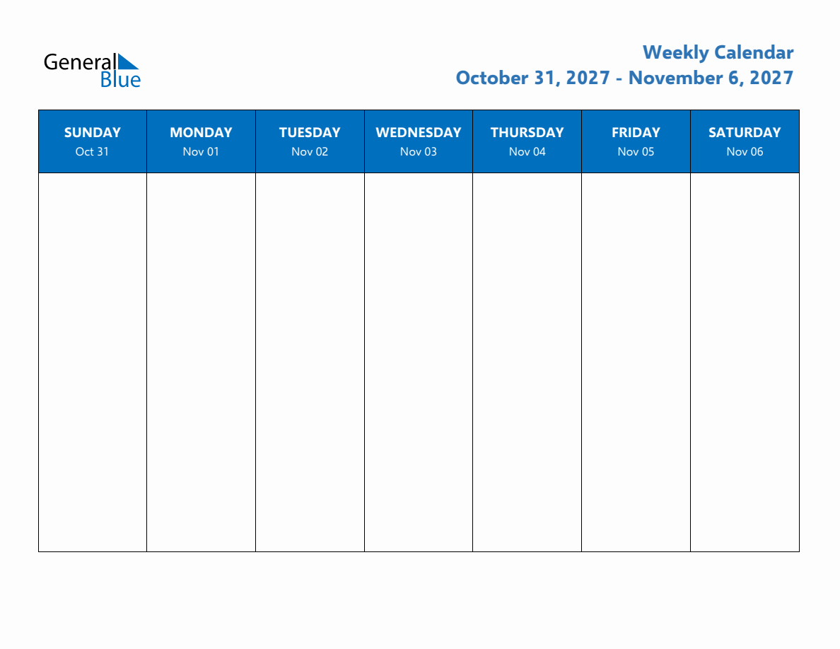 Printable Blue Weekly Calendar Template - Week 45, 2027 (Oct 31st to ...