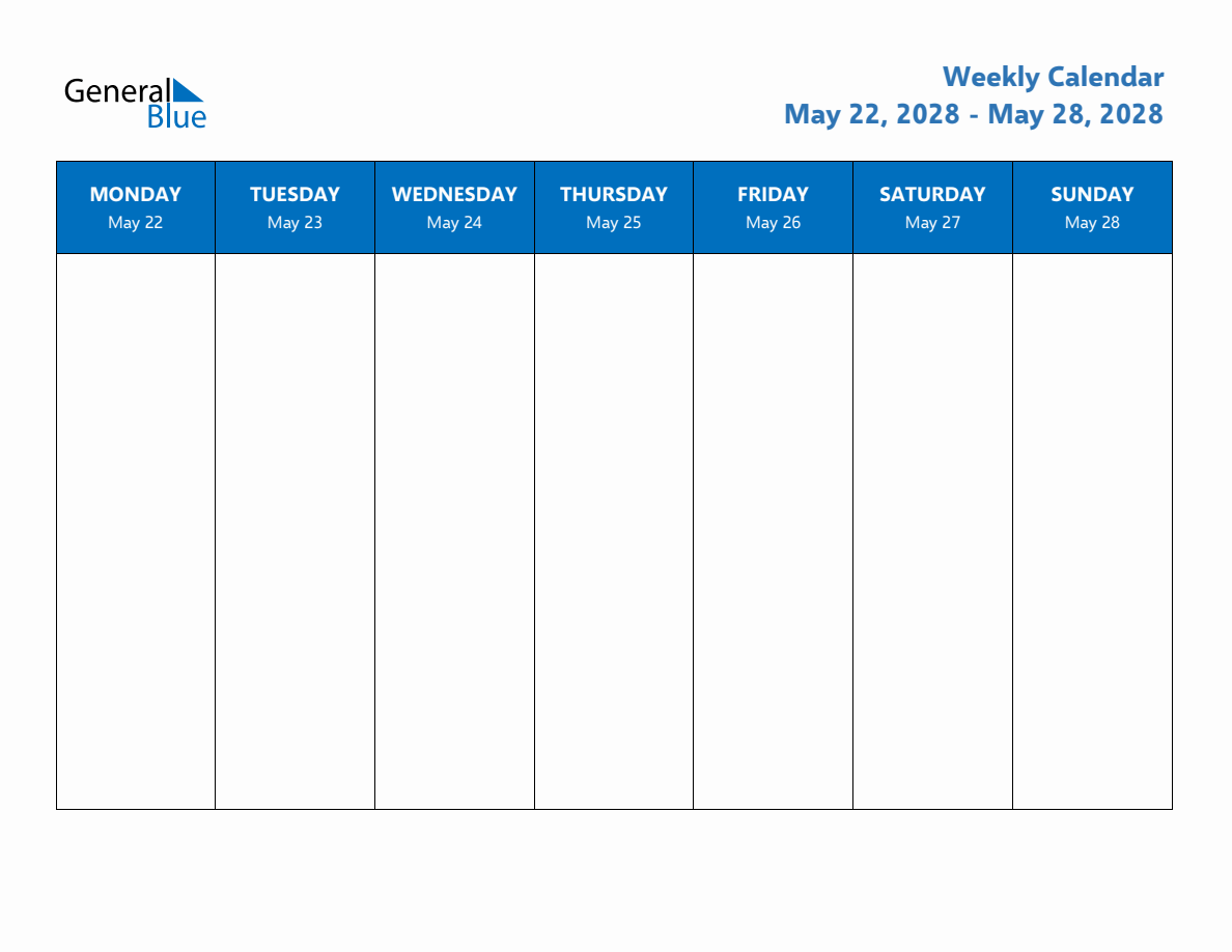 Weekly Calendar with Monday Start for Week 21 (May 22, 2028 to May 28 ...