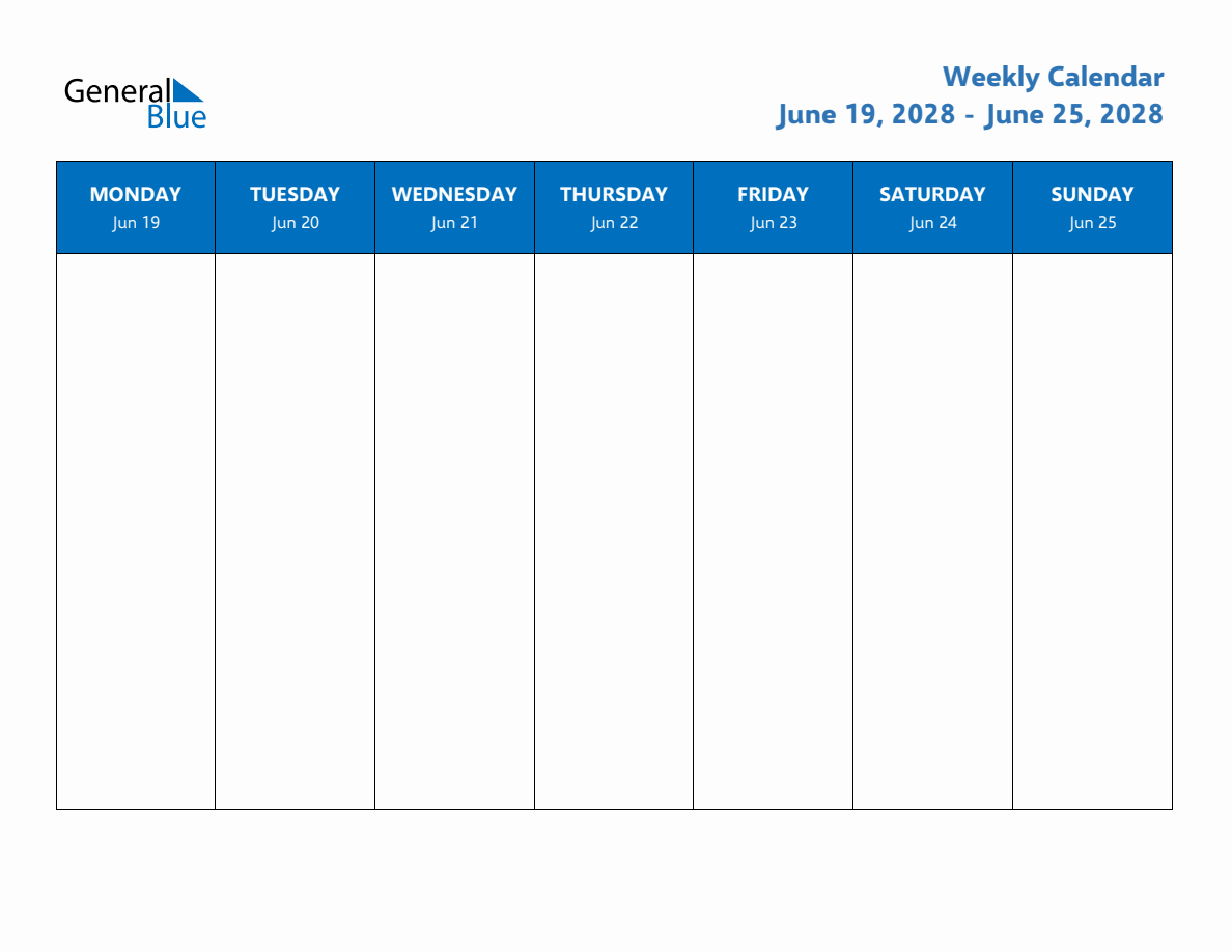 Weekly Calendar with Monday Start for Week 25 (June 19, 2028 to June 25 ...
