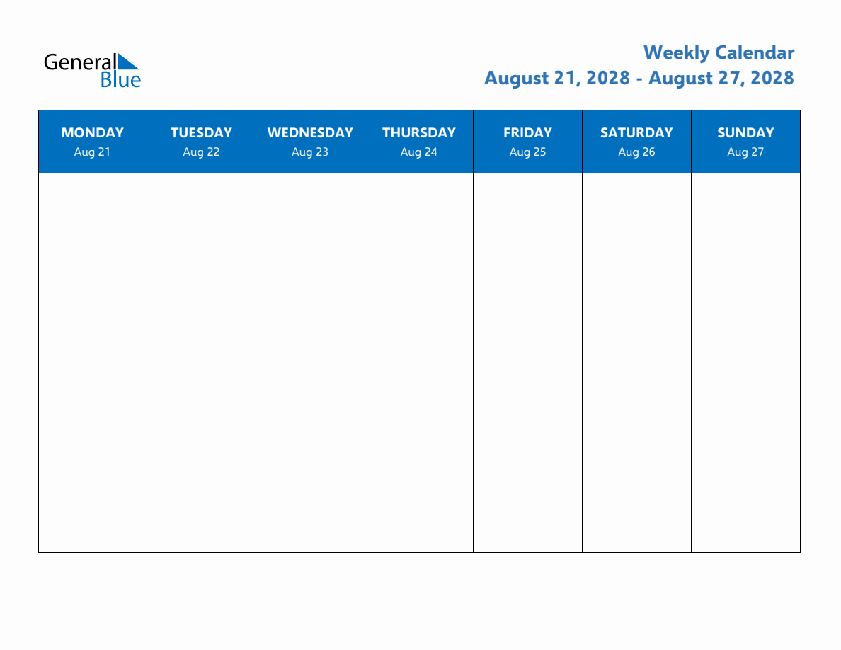 Weekly Calendar with Monday Start for Week 34 (August 21, 2028 to ...