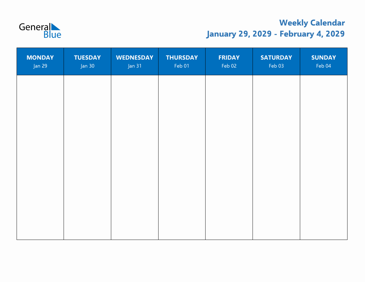 Weekly Calendar with Monday Start for Week 5 (January 29, 2029 to ...