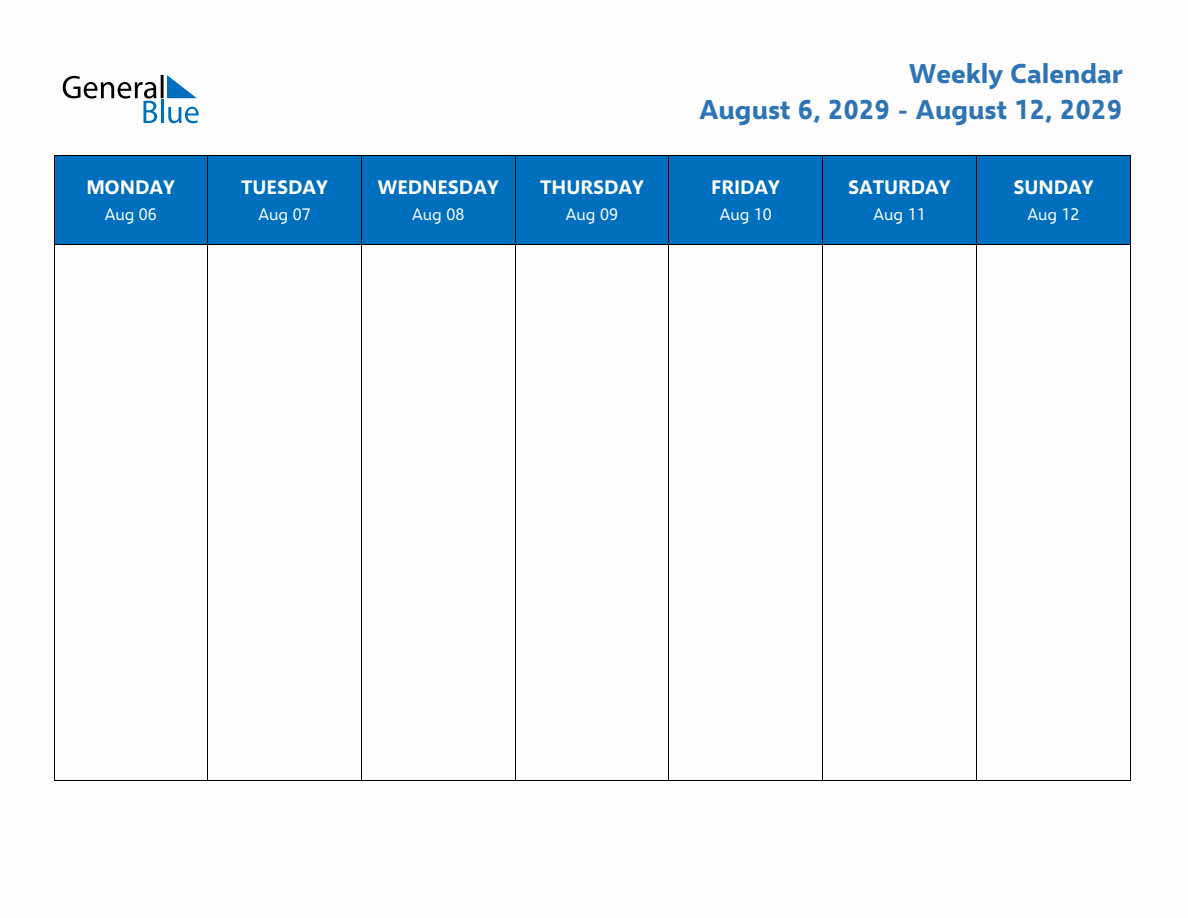 Weekly Calendar with Monday Start for Week 32 (August 6, 2029 to August ...