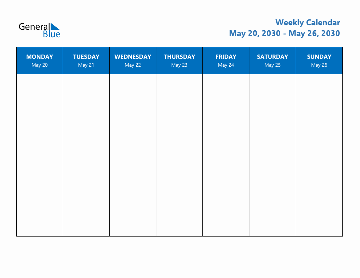 Printable Blue Weekly Calendar Template - Week 21, 2030
