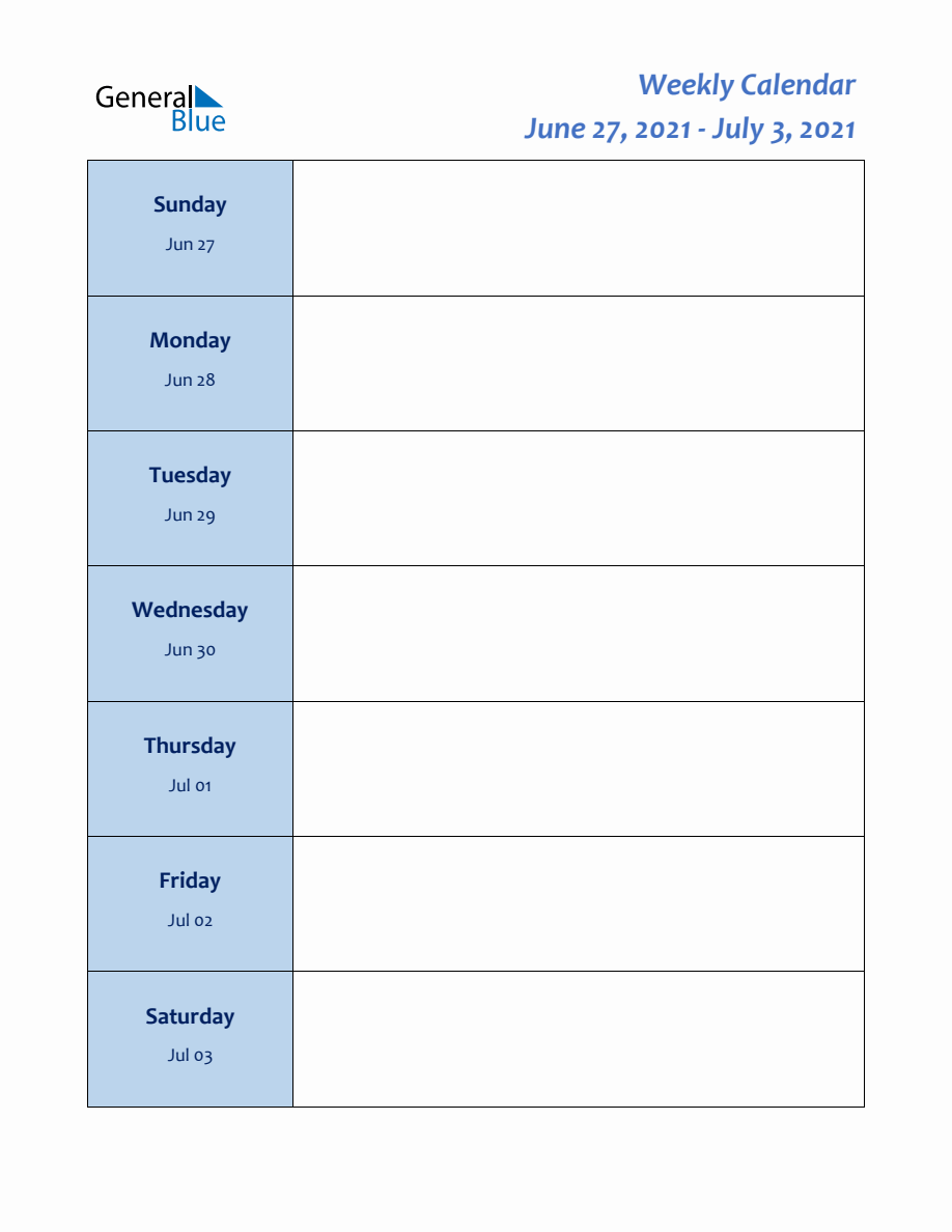 Free Weekly Planner for Week of June 27, 2021