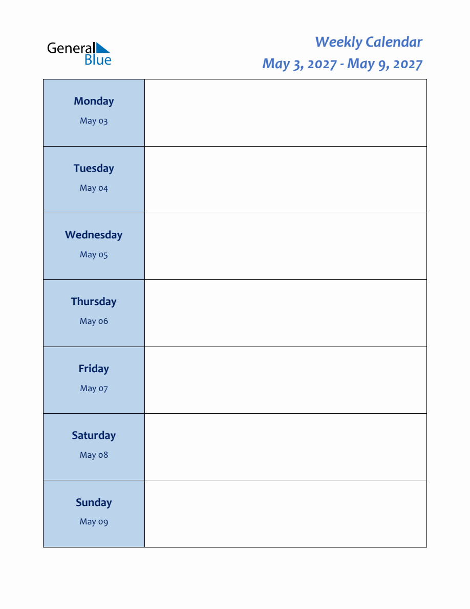 Free Weekly Planner for Week of May 3, 2027