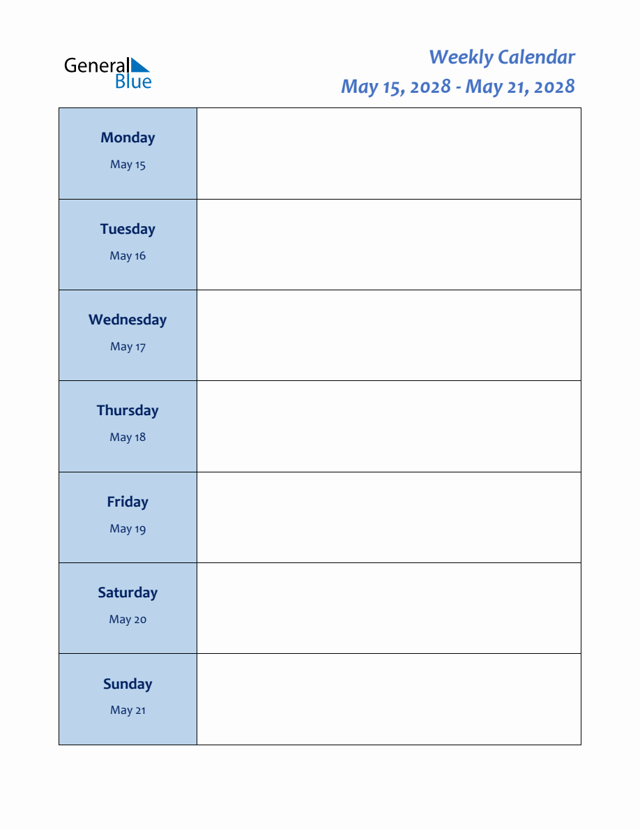Free Weekly Planner for Week of May 15, 2028
