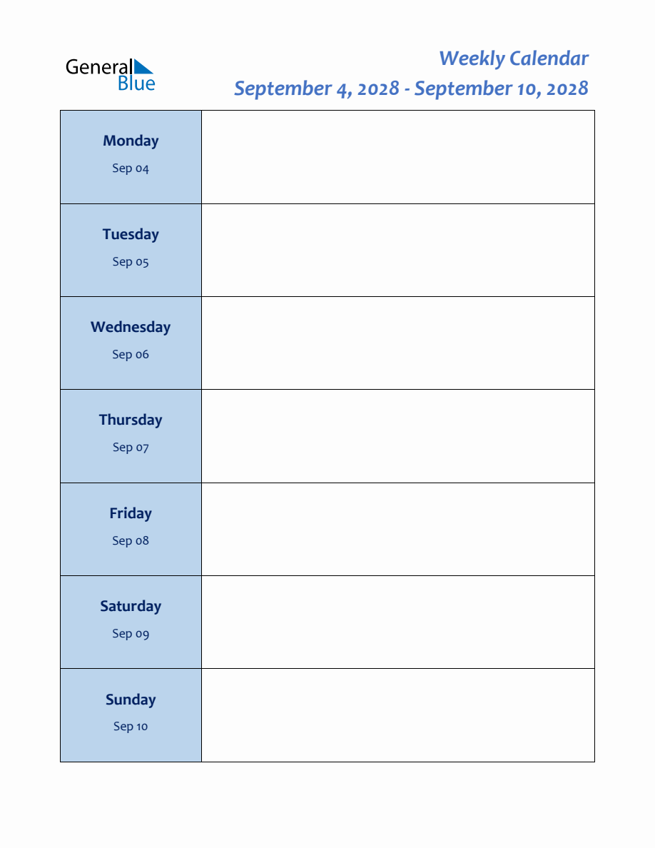 Free Weekly Planner for Week of September 4, 2028