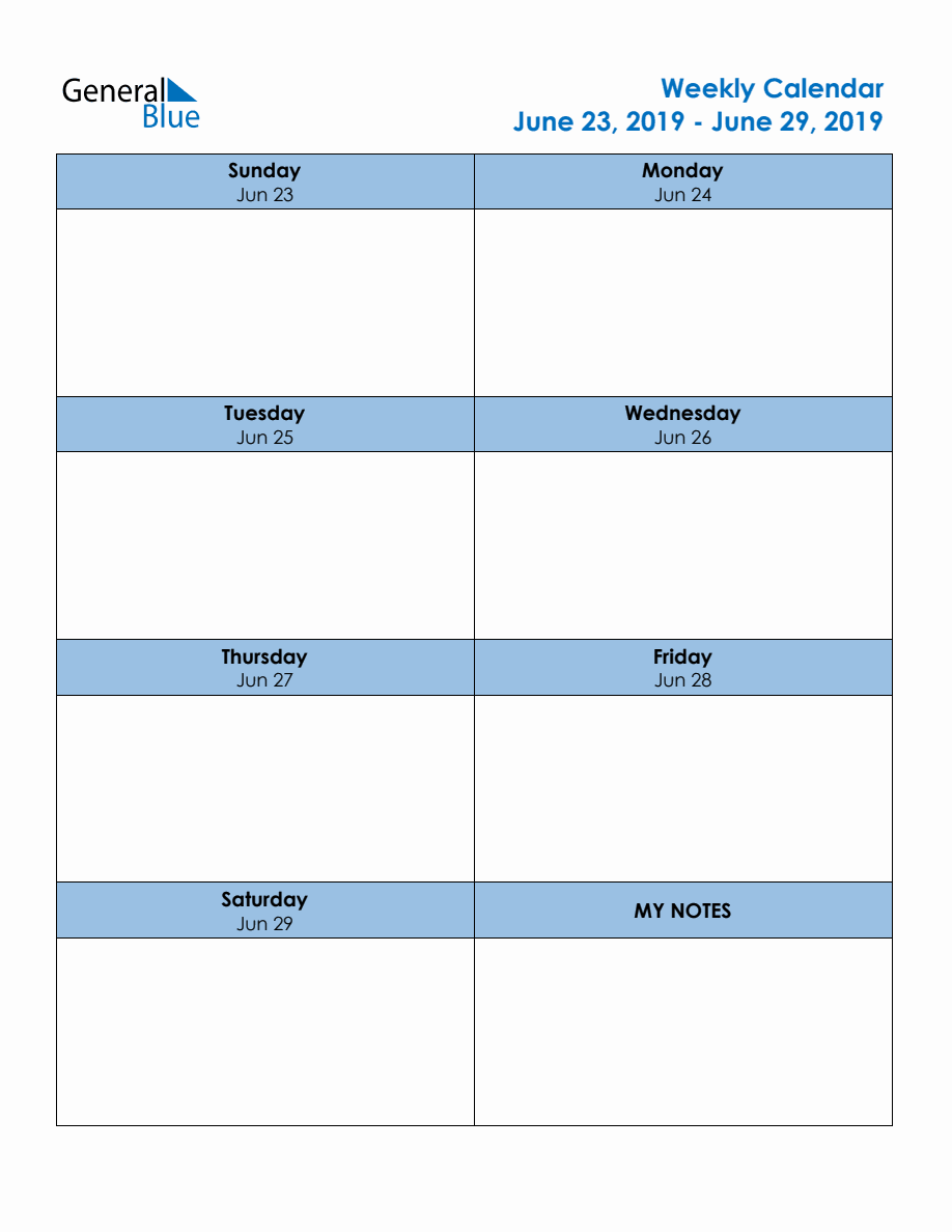 Editable Weekly Planner for the Week of June 23, 2019