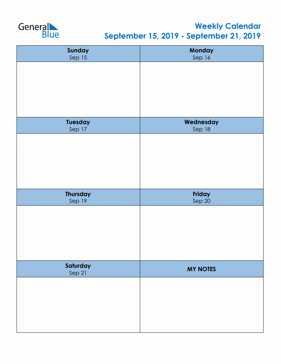 Editable Weekly Planner for the Week of September 15, 2019