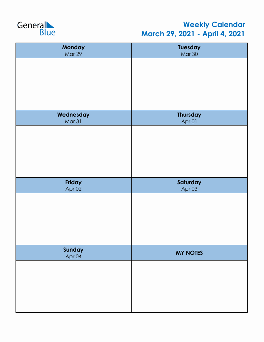 Editable Weekly Planner for the Week of March 29, 2021