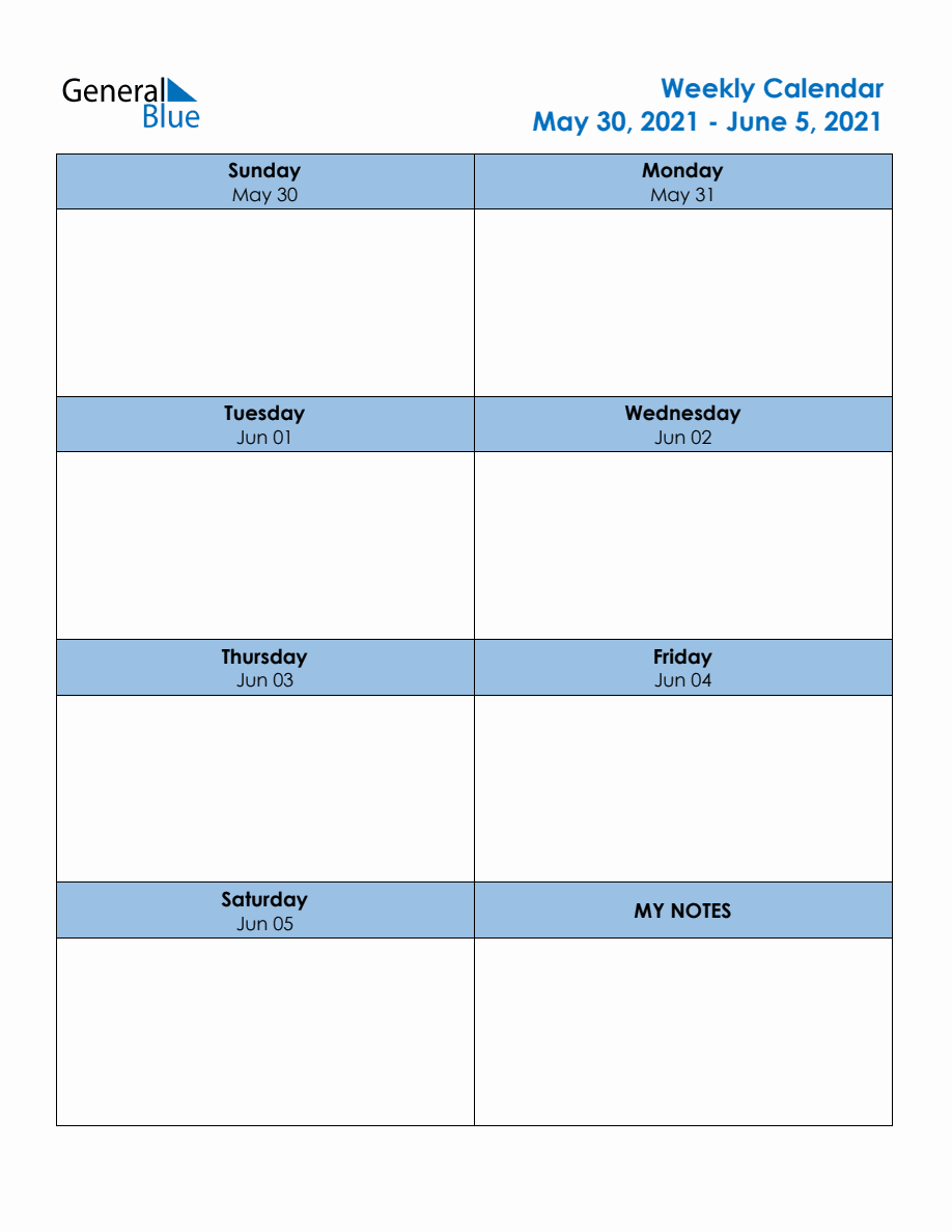 Editable Weekly Planner for the Week of May 30, 2021