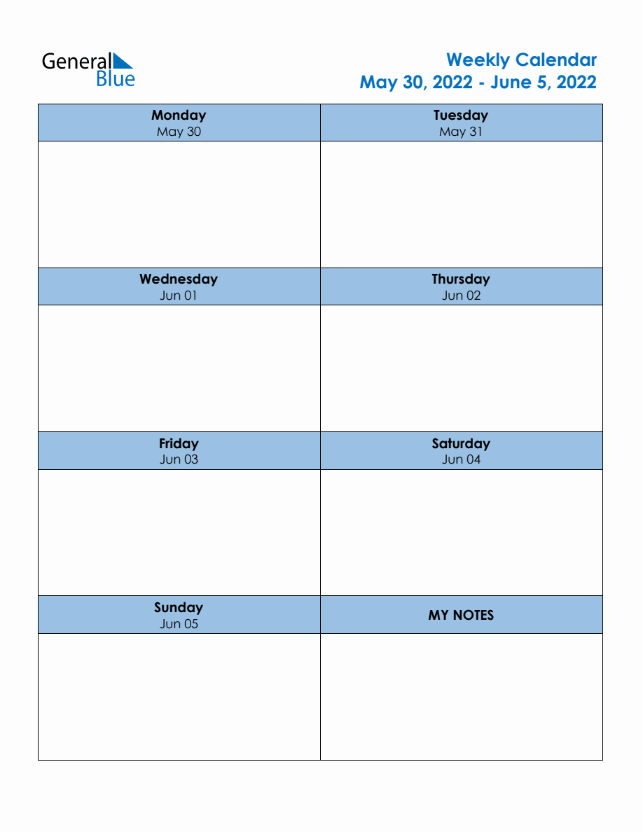 Editable Weekly Planner for the Week of May 30, 2022